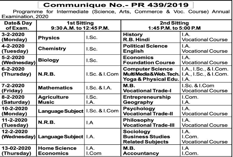 Bihar Board 12th Routine 2020: Class 12 Time Table for Arts, Science, Commerce