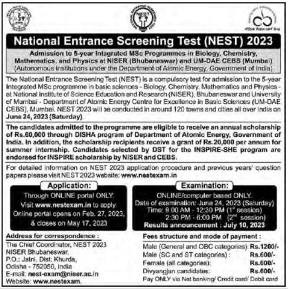 NEST 2023 Application Form (Open) Eligibility, Dates, Syllabus