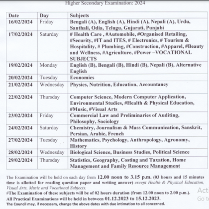 West Bengal HS Routine 2024 (PDF) WBCHSE 12th Exam Date Sheet