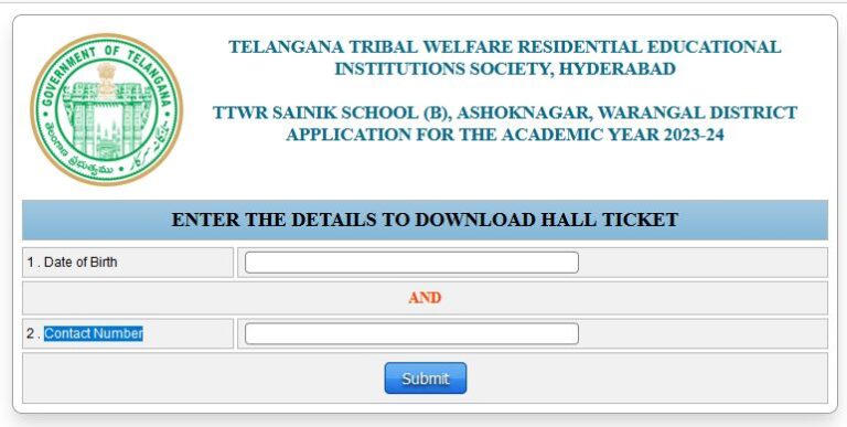 TTWREIS Sainik school (Ashoknagar) 6th & Inter Hall Ticket 2024 Download